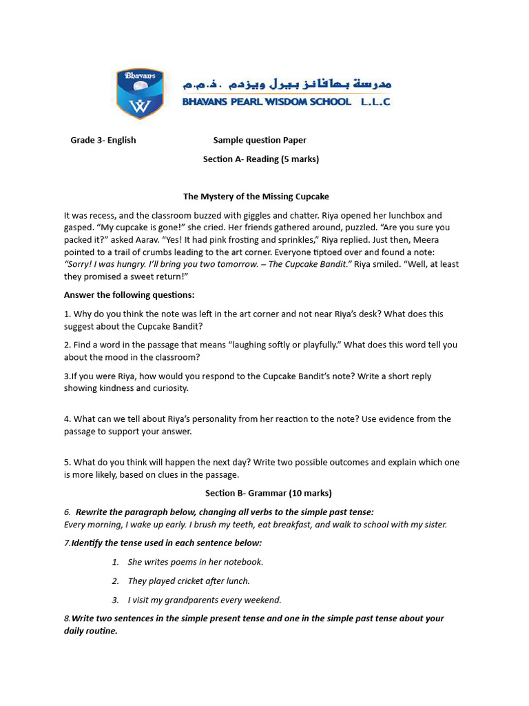 Grade 3 English Sample Question Paper | PDF | Languages | Foreign ...