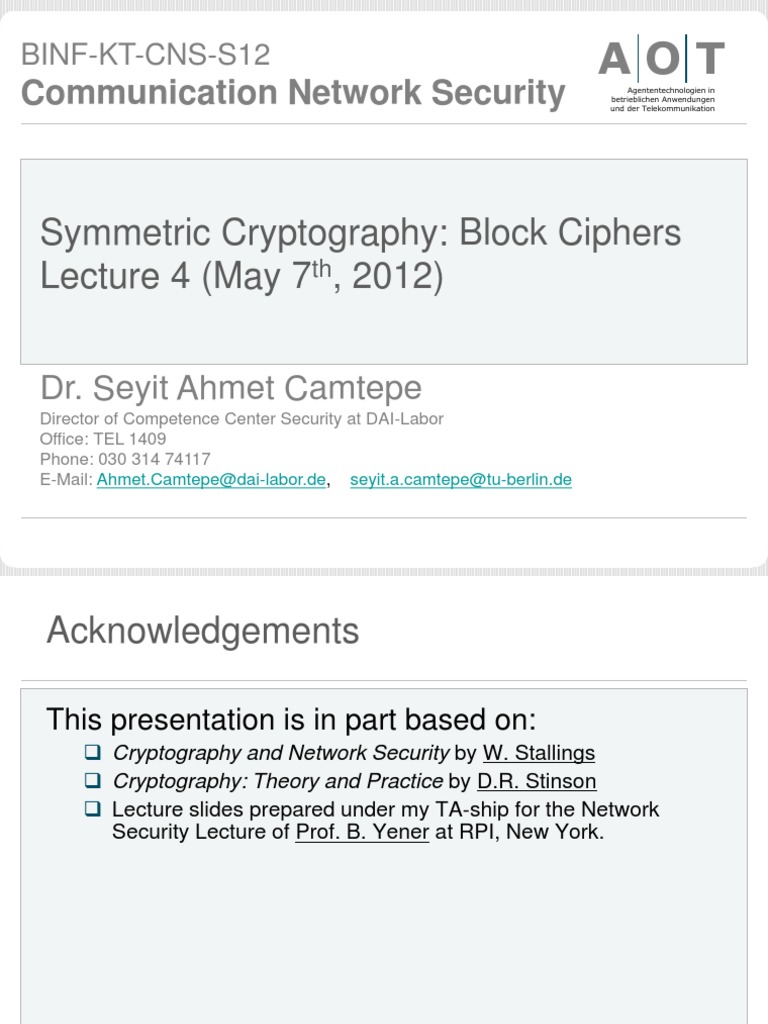 Symmetric Cryptography: Block Ciphers Lecture 4 (May 7, 2012) | PDF | Security Engineering ...
