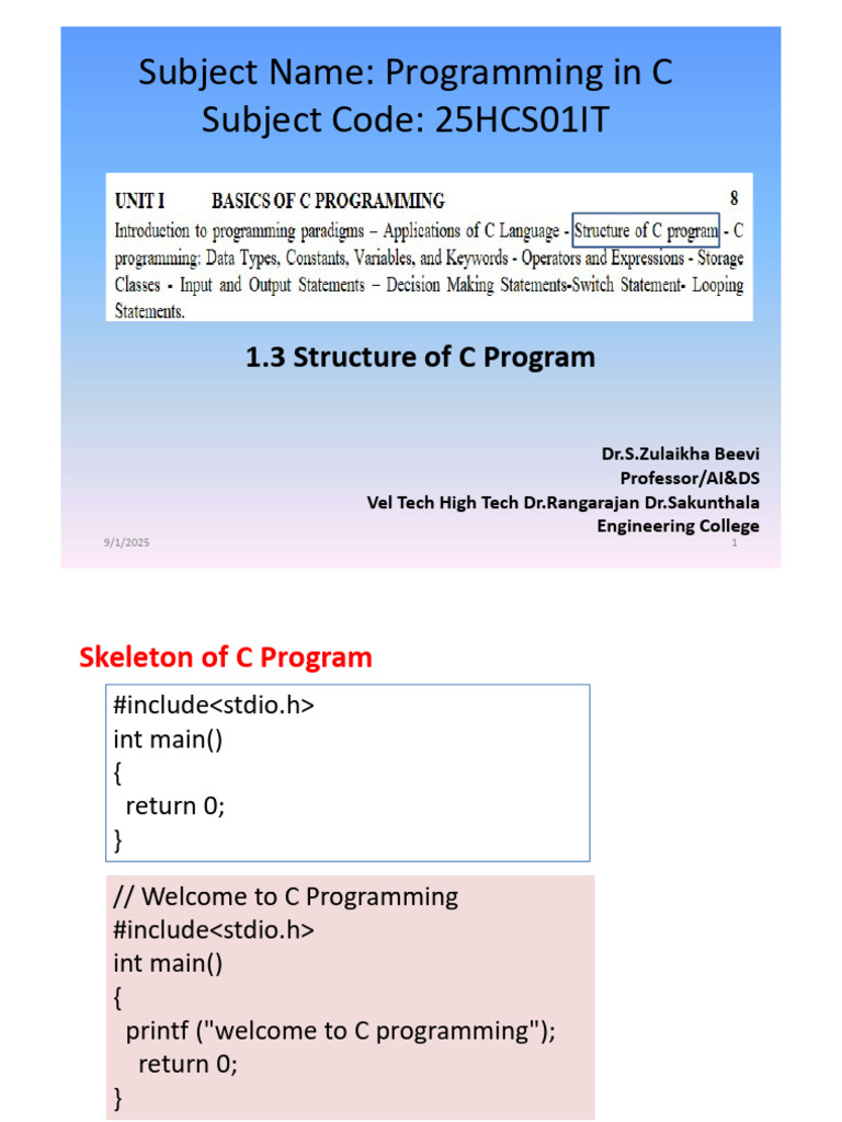 1.3 Structure of C Program | PDF | Variable (Computer Science) | Integer (Computer Science)