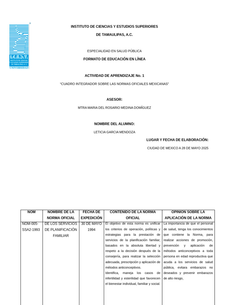 Cuadro Integrador de Las Normas Oficiales | PDF | Cuidado de la salud ...