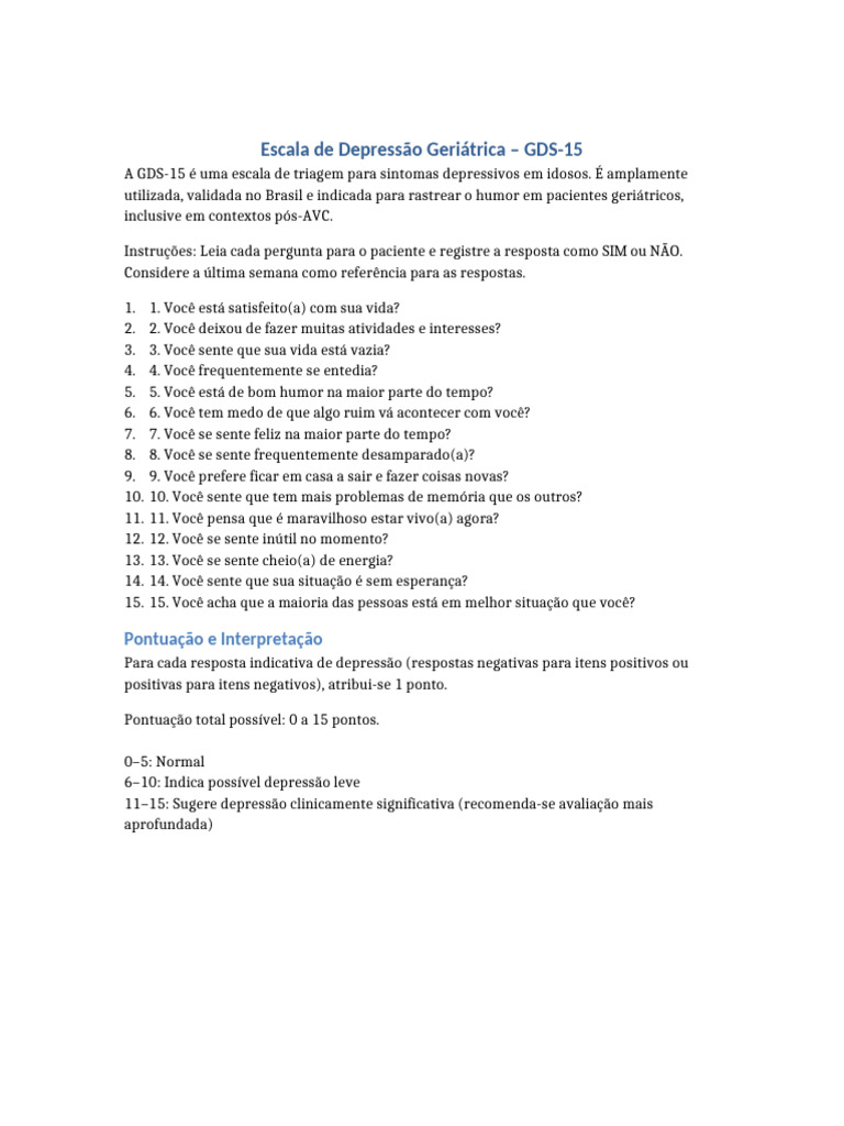 GDS-15 Escala de Depressao Geriatrica | PDF
