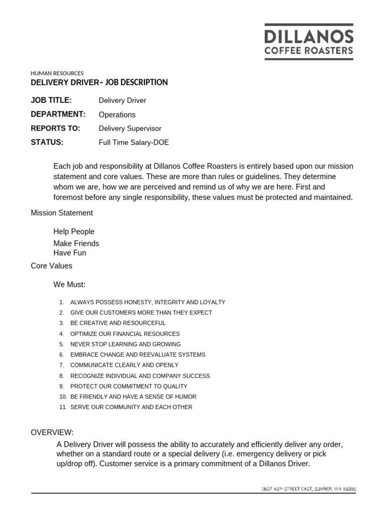 Full Time Delivery Driver Job Description | PDF | Employment | Equal ...