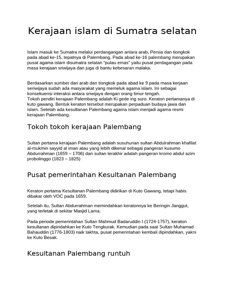 Kerajaan Islam Di Sumatra Selatan | PDF