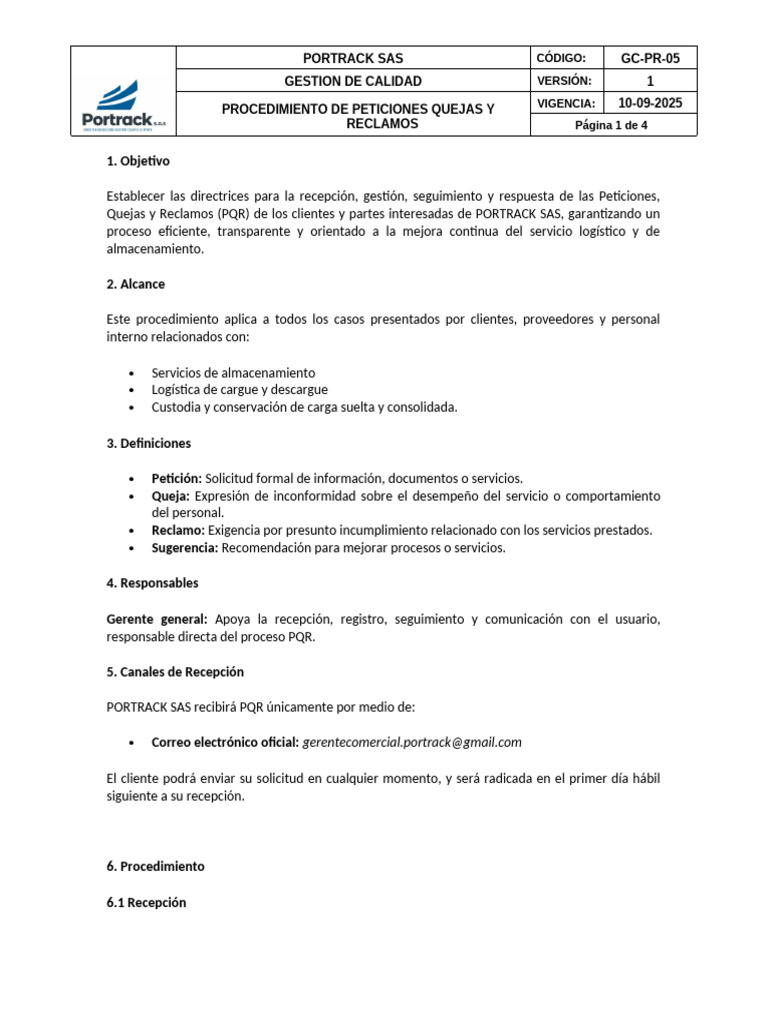 Procedimiento PQR en PORTRACK SAS | PDF | Sistema de manejo de calidad ...