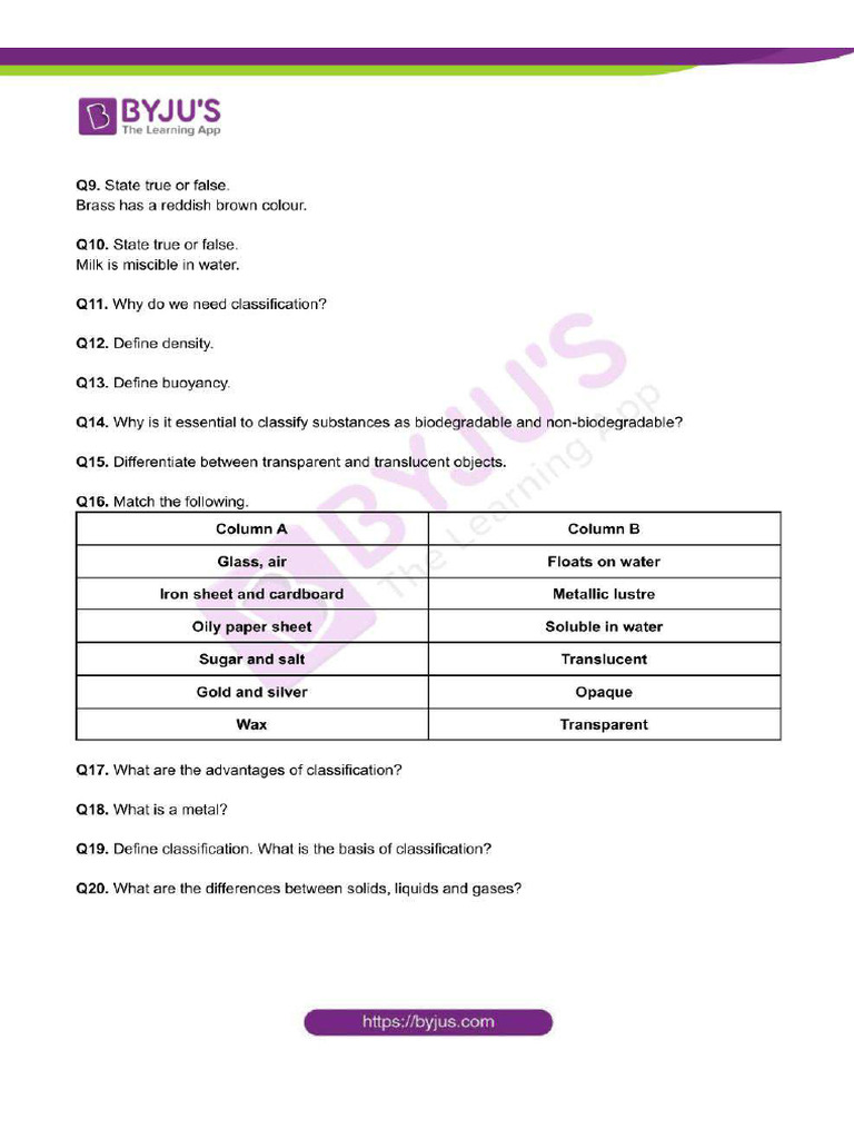 Chemistry Worksheet Class 6 On Chapter 4 Sorting Materials Into Groups ...