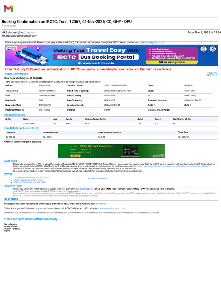 Gmail - Booking Confirmation On IRCTC, Train - 12067, 04-Nov-2025, CC ...
