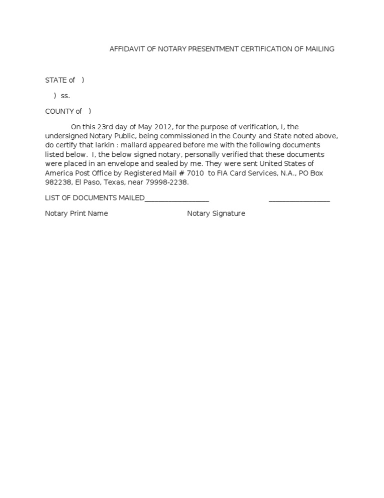 Affidavit of Notary Presentment Certification of Mailing