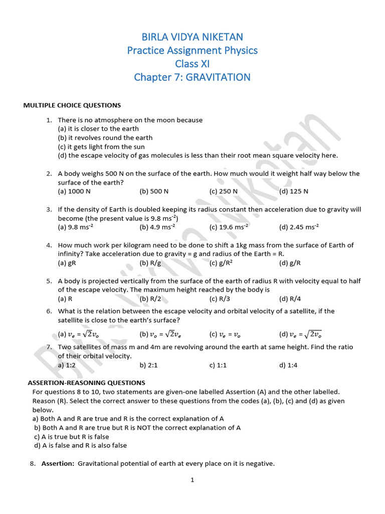 CH7 Physics Practice Assignment Gravitation | PDF | Gravity | Force