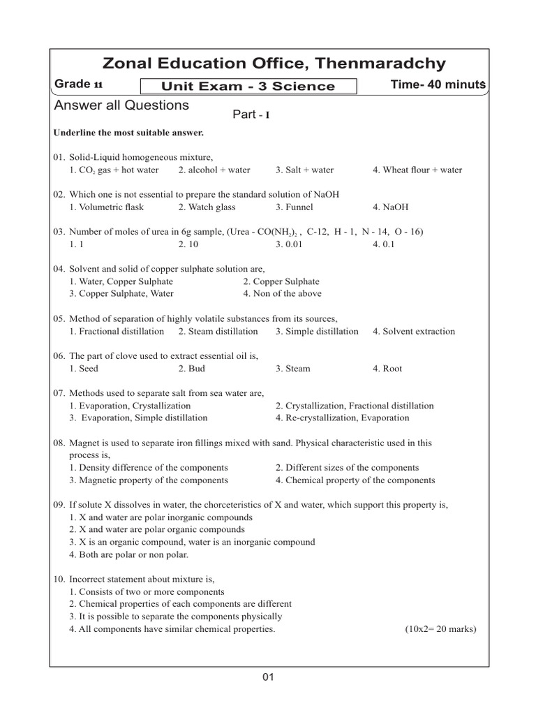 Grade - 11 Science Unit Exam - 3 (E) | PDF | Water | Distillation