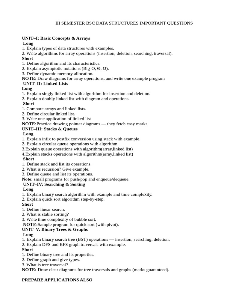 III Sem BSC Data Structures Important Questions | PDF