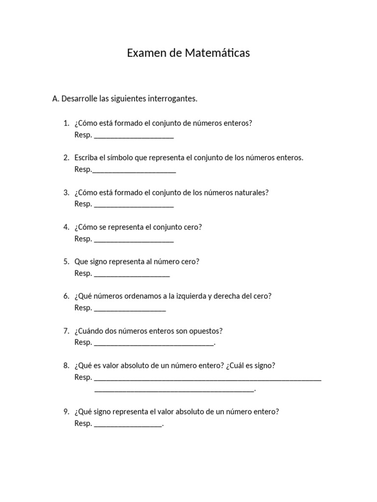 Examen de Matemáticas: Números y Operaciones | PDF | Entero | Teoría de ...