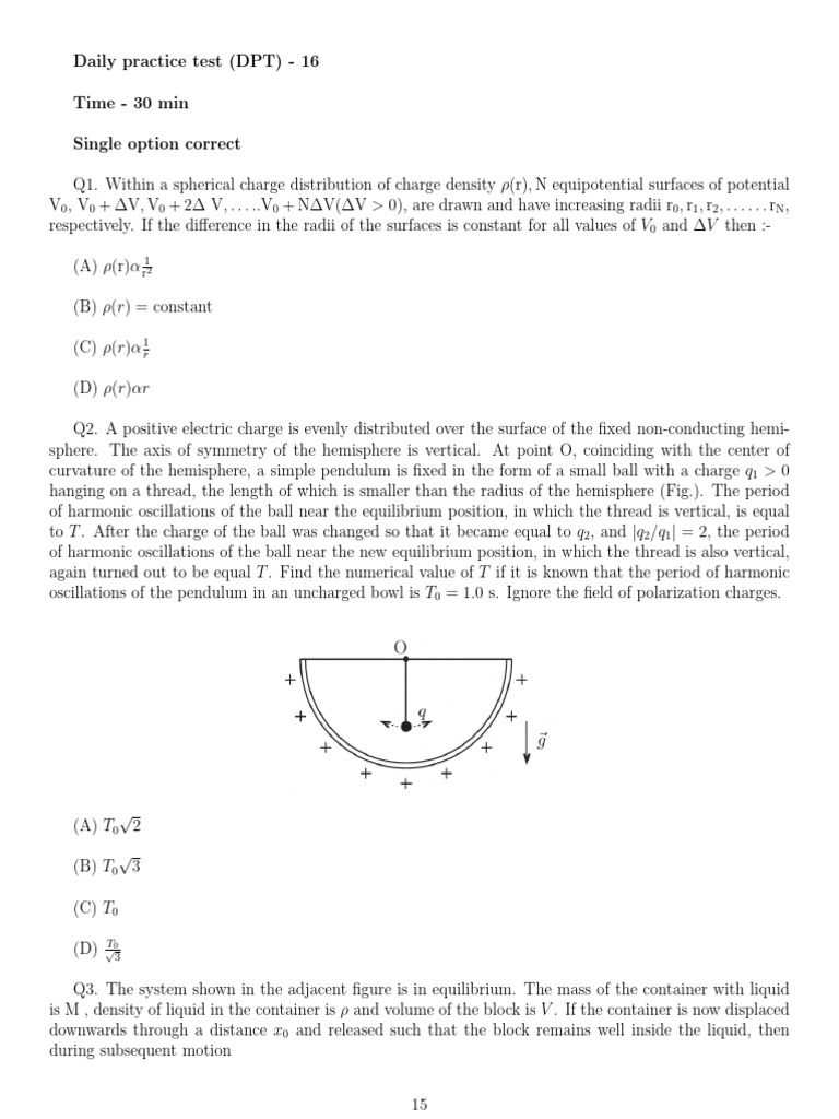 Daily Practice Test 16: Physics Problems | PDF | Oscillation | Sphere