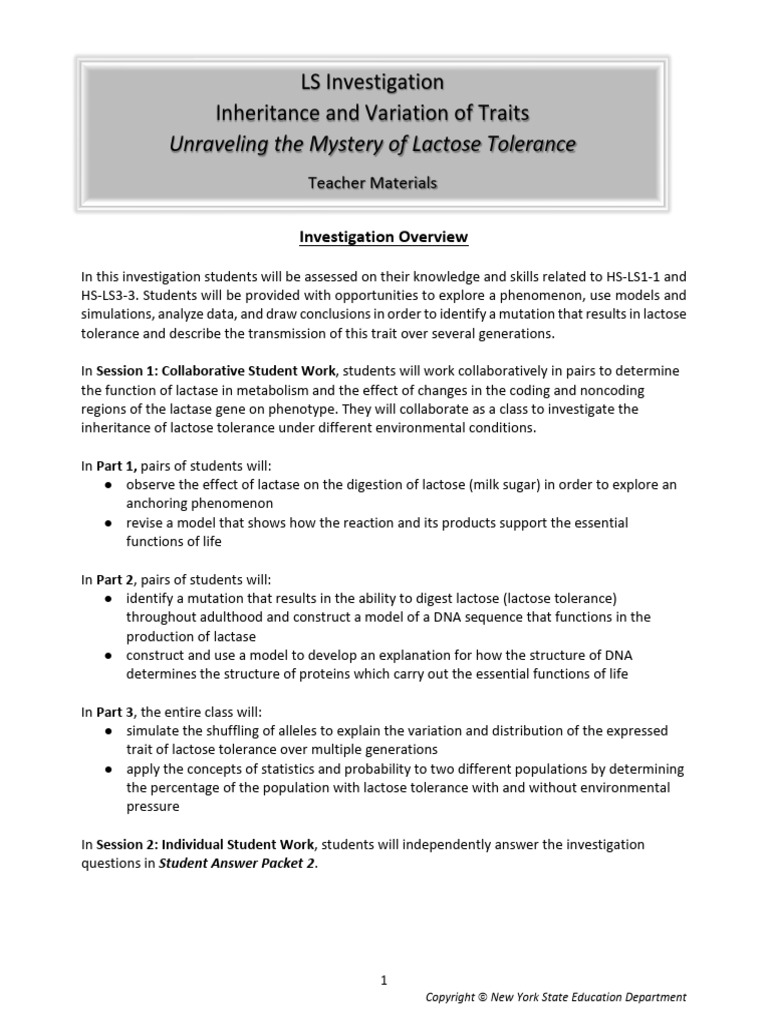 Lactose Tolerance Investigation Guide | PDF | Genetics | Gene