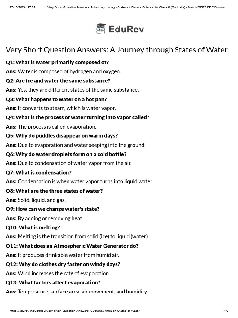Very Short Question Answers - A Journey Through States of Water ...