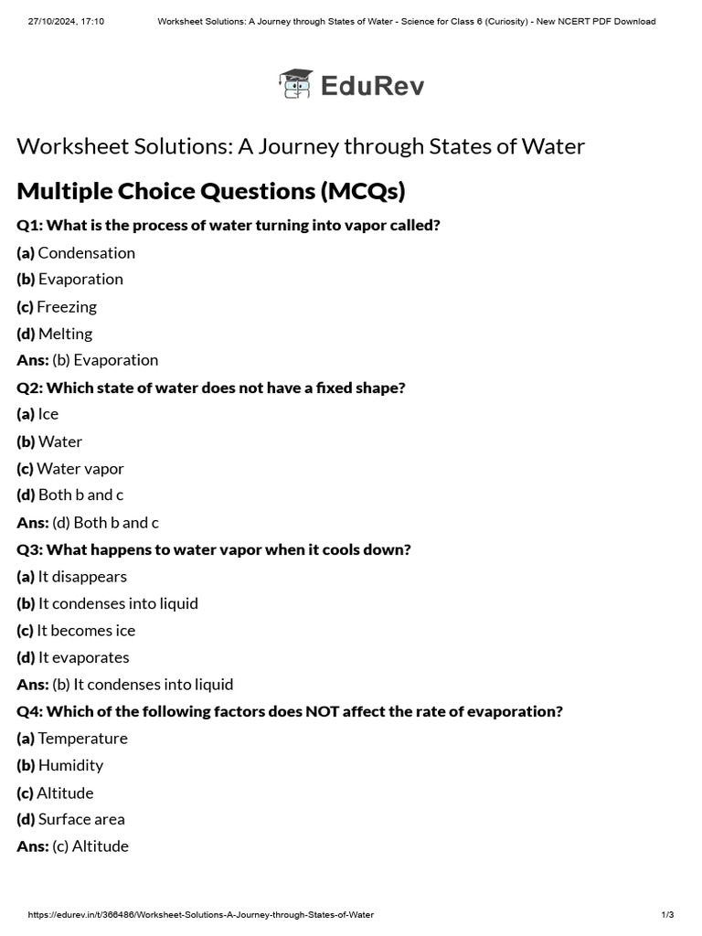 Class 6 Water States Worksheet Answers | PDF | Water | Evaporation
