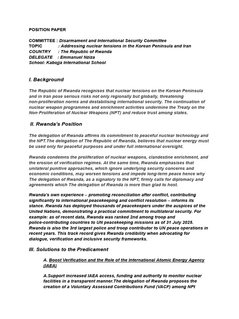 Emmanuel Nziza's Position Paper | PDF | Treaty On The Non Proliferation ...