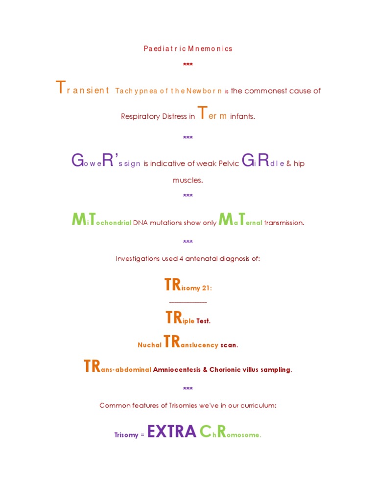 Pediatric Mnemonics | PDF | Medical Statistics | Pulmonology