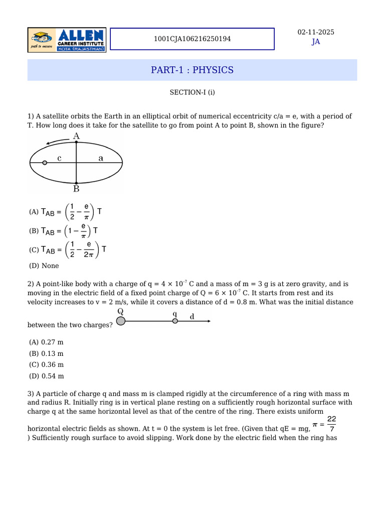PS6 Paper 2 Allen Pre Scores | PDF | Orbit | Force