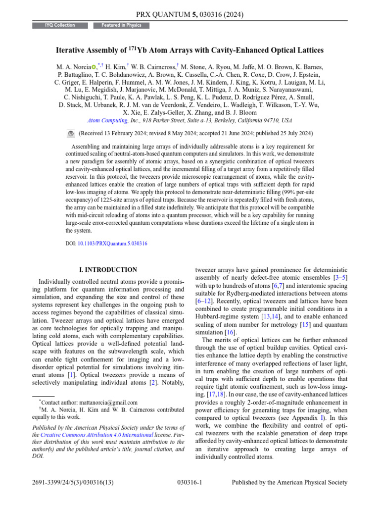 Iterative Assembly of 171yb Atom Arrays With Cavity Enhanced Optical ...