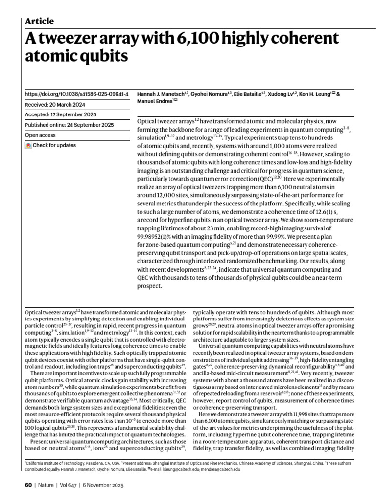 A Tweezer Array With 6,100 Highly Coherent Atomic Qubits - Manetsch ...