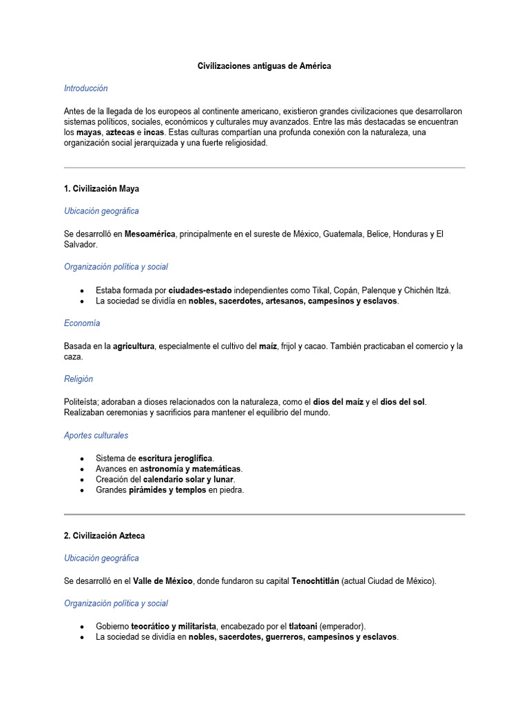 Civilizaciones Antiguas de América: Mayas, Aztecas e Incas | PDF ...