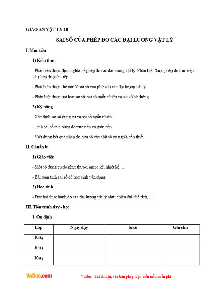 Giao An Vat Ly 10 Bai 7 Sai So Cua Phep Do Cac Dai Luong Vat Li | PDF