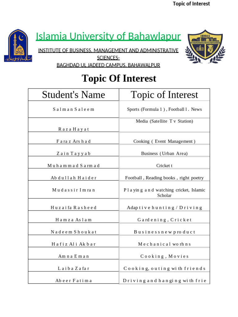 Student Interests at Islamia University | PDF