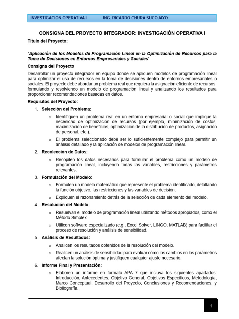 CONSIGNA DEL PROYECTO SOCIOFORMATIVO INTEGRADOR | PDF | Programación lineal | Optimización ...