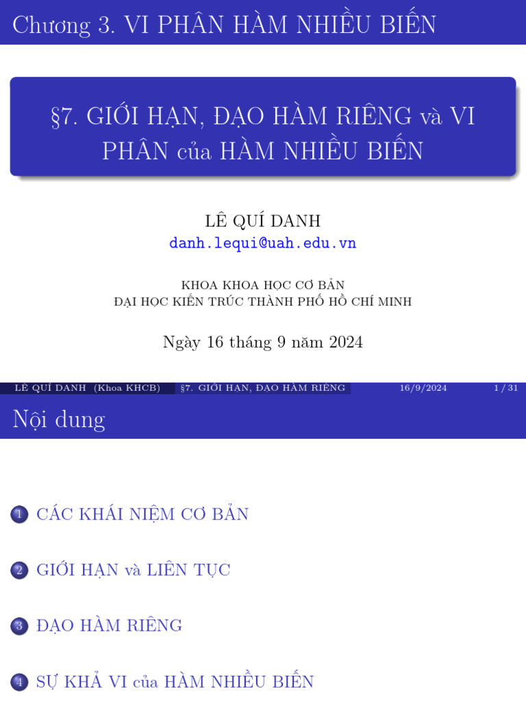 Toan1.Lec7 Chap3.7.HamNhieuBien.gioiHan.viphan | PDF