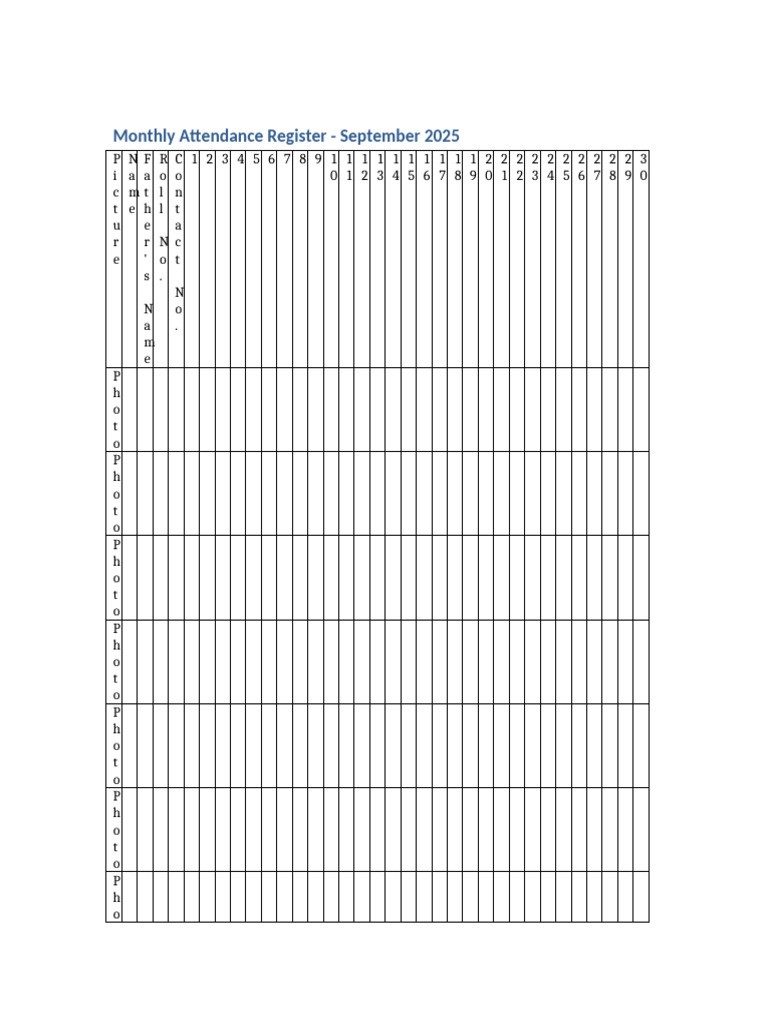 Attendance Register September 2025 | PDF