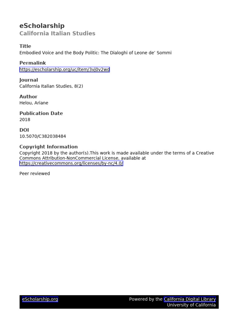 Embodied Voice and The Body Politic The Dialoghi of Leone De' Sommi ...