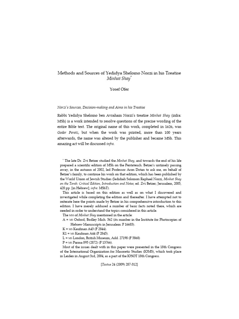 Methods and Sources of Yedidya Shelomo Norzi | PDF | Midrash | Bible
