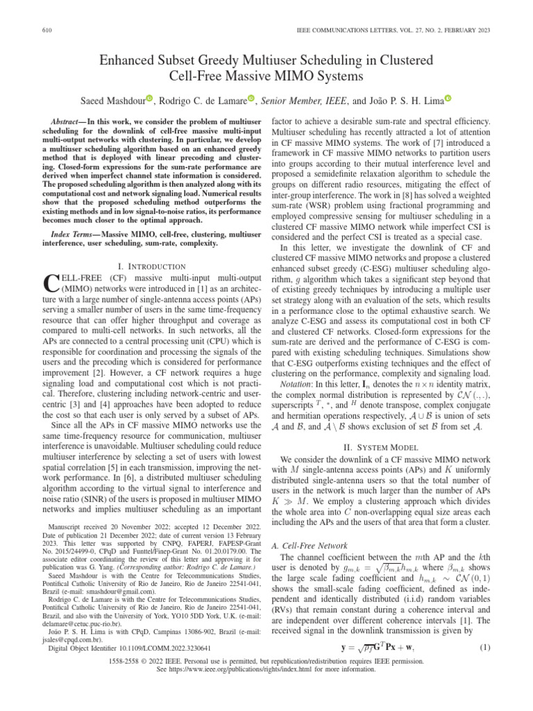 Enhanced Subset Greedy Multiuser Scheduling in Clustered Cell-Free Massive MIMO Systems | PDF ...