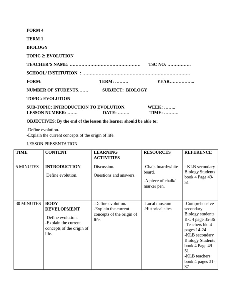 41 Evolution Lesson Plans Form 4 Biology Term 1 Word Format | PDF | Natural Selection | Evolution