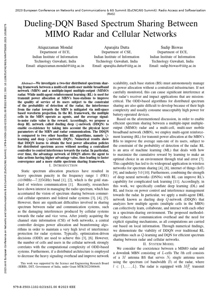 Dueling-DQN Based Spectrum Sharing Between MIMO Radar and Cellular Networks | PDF | Mimo | Radar