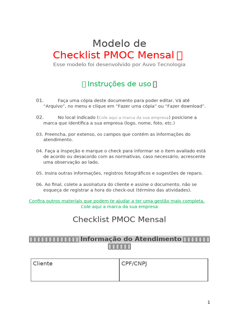 Checklist PMOC Mensal para Empresas | PDF | Eletricidade | Engenharia ...