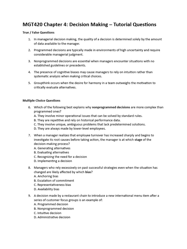 MGT420 Chapter 4 - Tutorial | PDF | Decision Making | Rationality