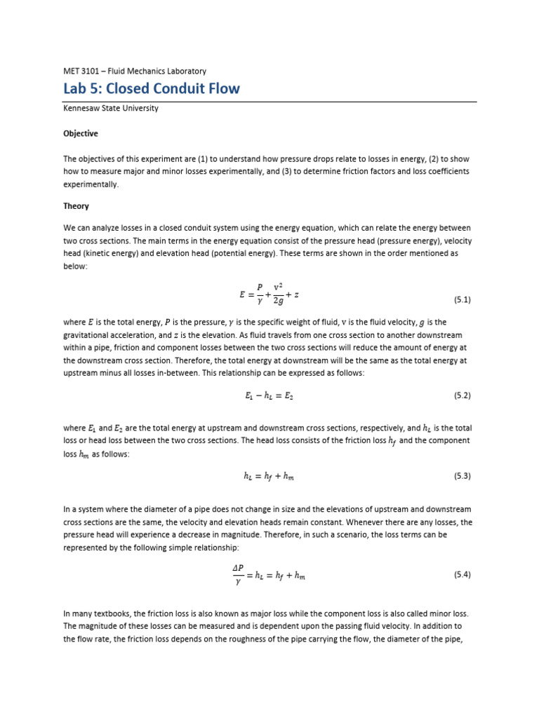 Lab 5 - Closed Conduit Flow | PDF | Fluid Dynamics | Reynolds Number
