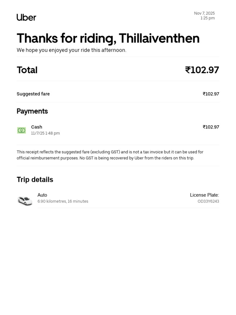 Uber Receipt - 07nov2025 2 | PDF