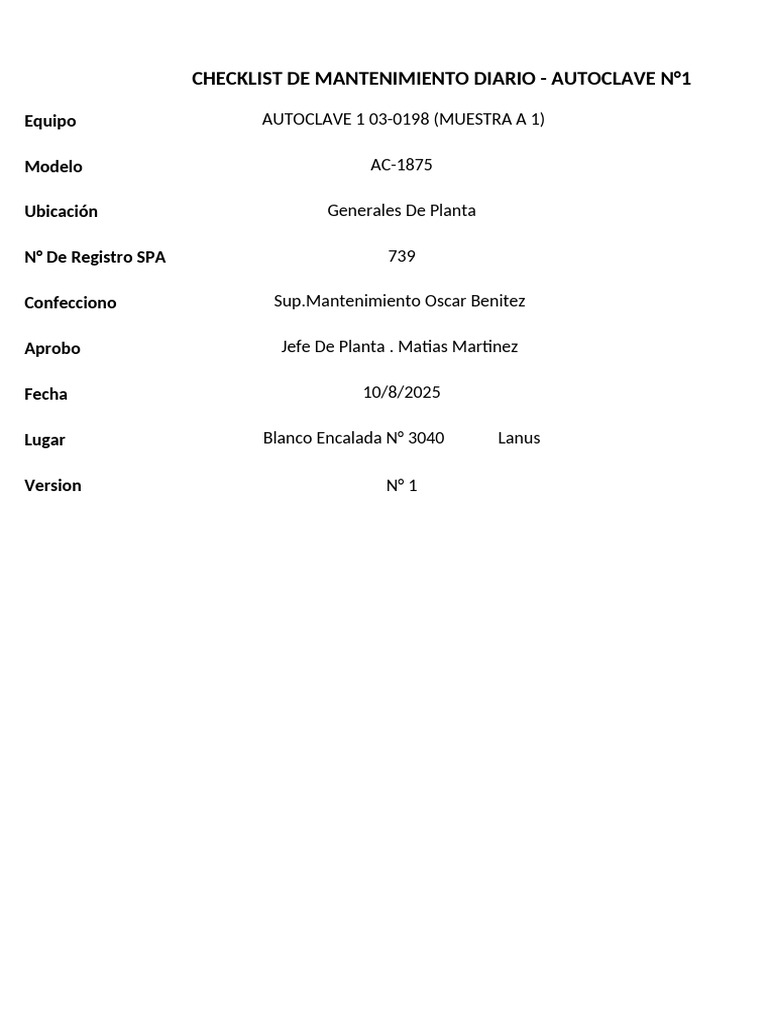 Checklist - Autoclave - N°1 - Oscar 22-10-2025 | PDF