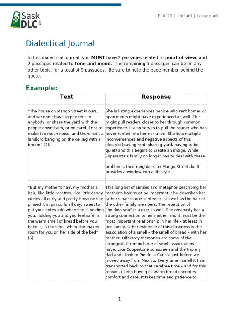 Ela 20 U01 L06 A01 Dialectical Journal | PDF