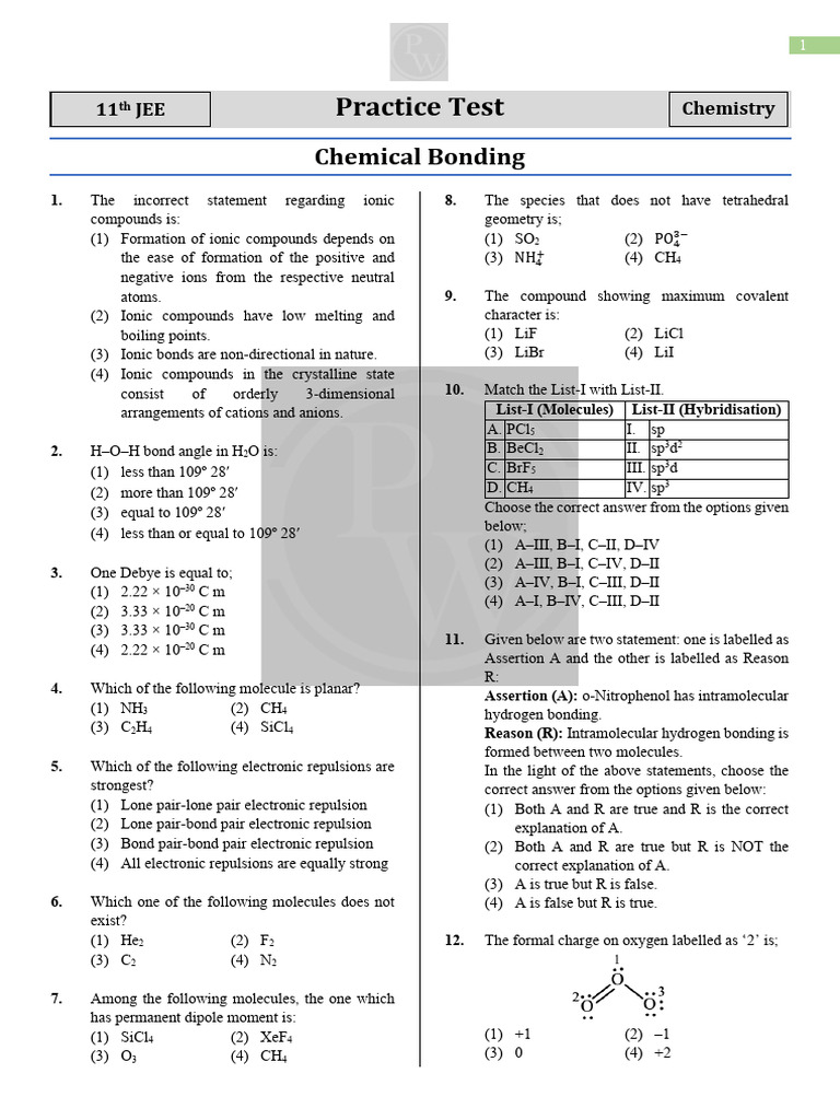 Chemical Bonding Practice Test | PDF | Molecular Orbital | Chemical Bond