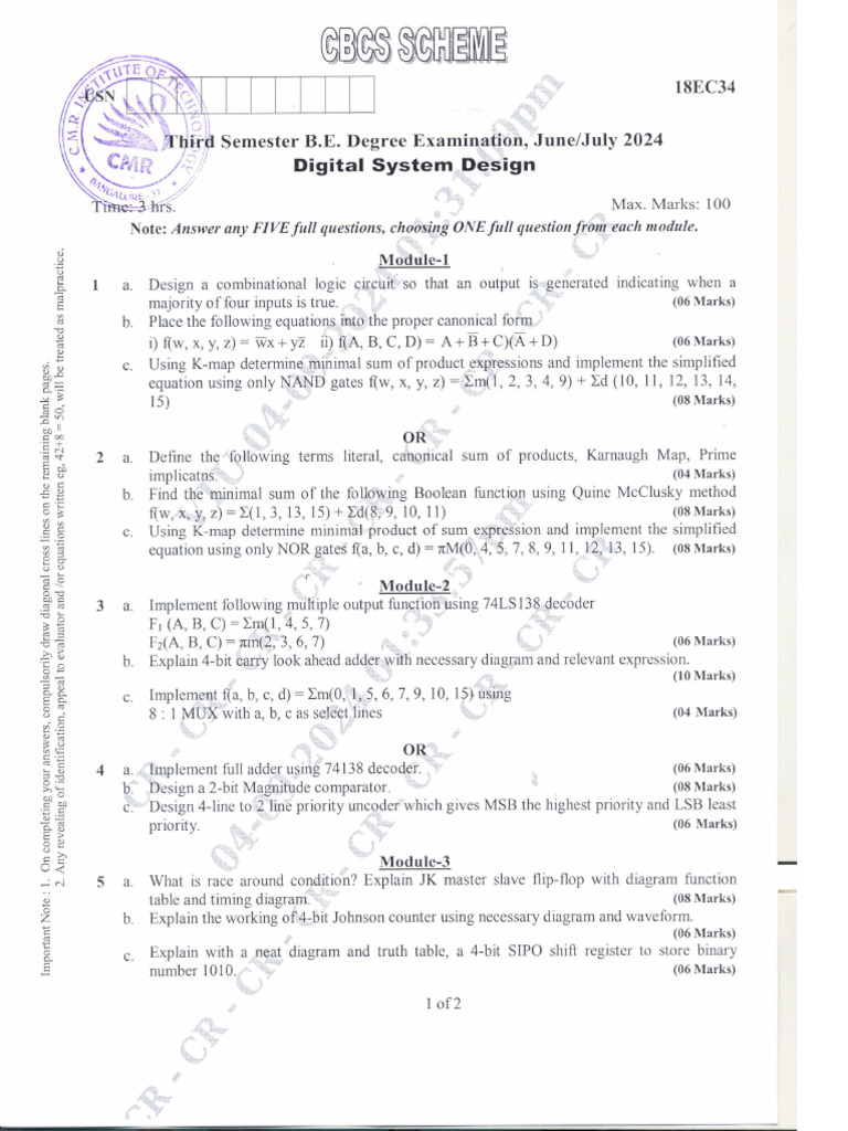 VTU Question Paper of 18EC34 Digital System Design Jun-July-2024 | PDF