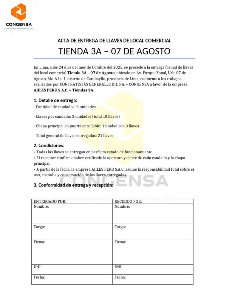Acta Entrega Llaves Tienda 3a Ajiles Peru Congensa | PDF