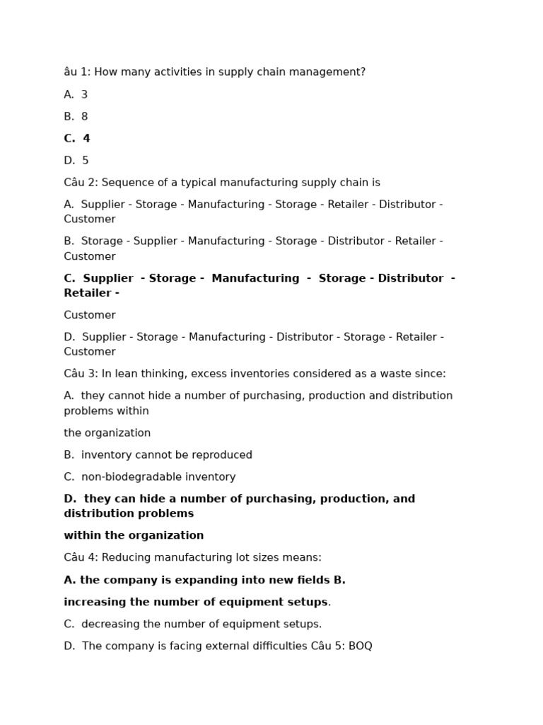 Supply Chain Management Quiz Questions | PDF | Forecasting | Supply Chain