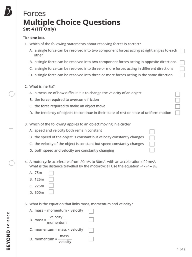 Forces Multiple Choice Questions Set 4 (HT Only) | PDF | Force | Velocity