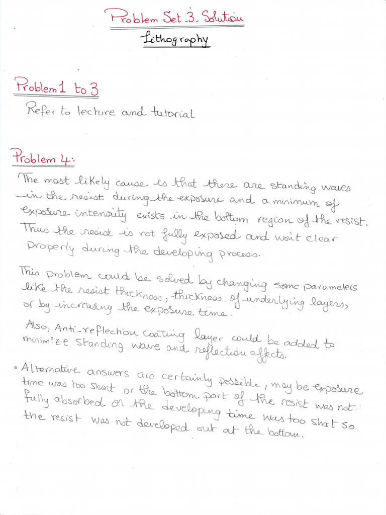 (_ELCT705_) 4 - Photolithography Sheet Solution (Assignment ) | PDF