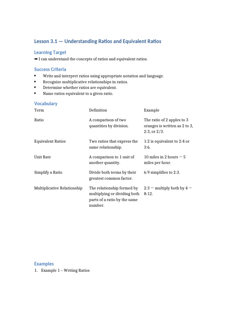 Lesson 3.1 Ratios and Equivalent Ratios | PDF | Ratio | Mathematics