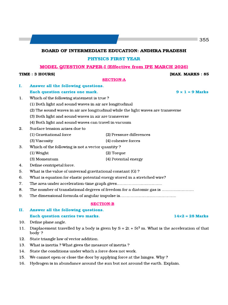 JR Phy Model Papers | PDF
