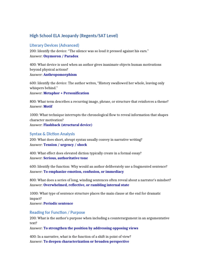 High School ELA Jeopardy With Answers | PDF | Narration | Sat